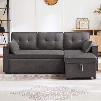 Generic Schlafsofa L-Form Ecksofa mit Schlaffunktion Bettkasten Wohnlandschaft Leinenoptik Rechts Links Montierbar Getr&auml;nkehalter Inkl 2 Kissen Sofa Bed Secti
