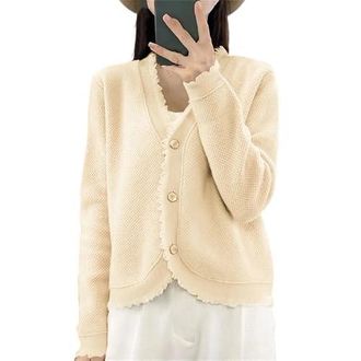 Generic Pull en laine &agrave; col en V pour femme - Cardigan &eacute;l&eacute;gant en tricot - Manteau court &agrave; manches longues, beige, Taille XL
