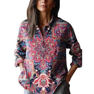 Generico Chemise Femme &Eacute;l&eacute;gant Manches Longues T Shirt en Lin Coton Curvy Respirant Chemisier Col en V Classique Chemises Vintage Fantaisie avec Boutons Mode B