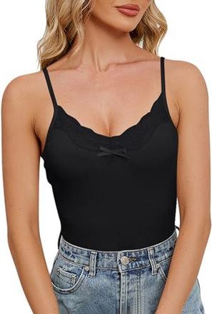 Generic Caraco en coton pour femme - Débardeur pour femme - Couleur unie - Dentelle - Col en V - Tendance - Décontracté - Haut court pour femme, Noir, L