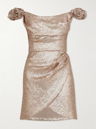 Costarellos Schulterfreies Minikleid Aus Cr&ecirc;pe Mit Pailletten, Applikationen Und Raffungen - Gold