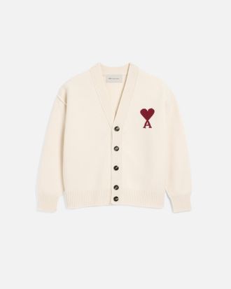 Ami Ami Paris - Cardigan naturel en laine Ami de Coeur Ecru & rouge - Taille : XXL - Unisex