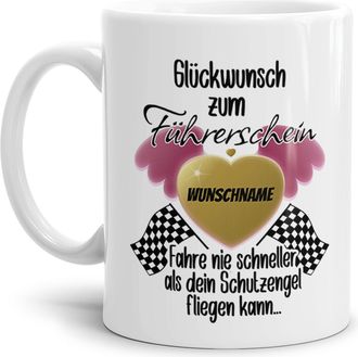 Tassendruck Tasse zum Führerschein mit Name Personalisieren - Fahre nie schneller als - Tassen Bedrucken, Führerscheinprüfung bestanden | Personalisiertes Geschen