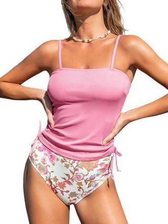 Cupshe Ensemble Tankini Femme Maillot de Bain Deux Pi&egrave;ces Fronc&eacute; &agrave; Cordon de Serrage Contr&ocirc;le du Ventre avec Bas Taille Haute C&ocirc;tel&eacute;, motif floral rose, XL