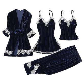 Generic Femme &Eacute;l&eacute;gante Broderie 4PCS Velours Ensemble Pyjama Peignoir + Robe + Pantalon V&ecirc;tements de Nuit Thermiques f19