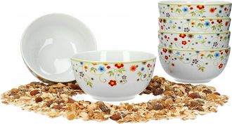Van Well van Well Vario Müslischalen-Set 6-teilig - Schalen-Service für 6 Personen - tiefe Suppen-Schüssel 14cm - Porzellan-Set innen weiß & außen Flower-Desig