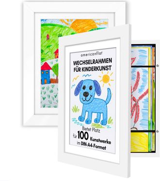 Americanflat A4 Bilderrahmen für Kinderzeichnungen - Weiß - Zeigt 21,6x28 cm mit Passepartout & 25,5x32 cm ohne Passepartout - Verbundholz mit Bruchsicherem Glas -