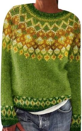 Generic Fair Isle Pull pour femme - Manches longues - Imprimé vintage islandais - Rétro - Doux - Chaud - Décontracté - Élégant - Automne Hiver - Vacances - Co