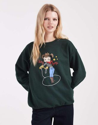 Daisy Street Sweatshirt in Tannengr&uuml;n mit Betty-Boop-Motiv im Cowgirl-Lok