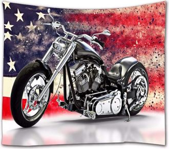 A.Monamour Wandteppiche 3D Schwarz Motorrad Mit Amerikanischer Flagge Muster Abstrakte Kunst Hintergrund Stoff Wandteppich Wanddekor Wandbehänge Für Schlafzimmer