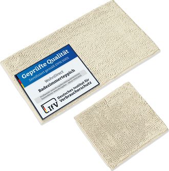 WohnDirect Badematten Set 2 teilig Creme - WC Vorleger (45x45cm), Badematte (50x80cm) - rutschfest waschbar Badezimmerteppich OHNE WC-Ausschnitt