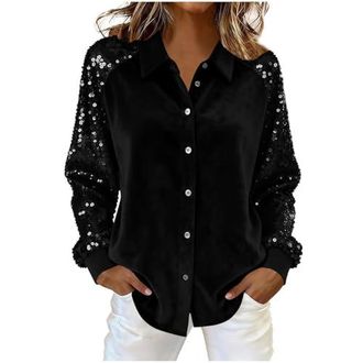 Generic Hauts en velours &agrave; paillettes pour femme - Coupe ample - Manches longues - Boutons - Hauts scintillants pour soir&eacute;e habill&eacute;e - D&eacute;contract&eacute;e - Occasion