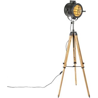 QAZQA Dreibein-Stehlampe schwarz mit Holz-Studiospot - Radient