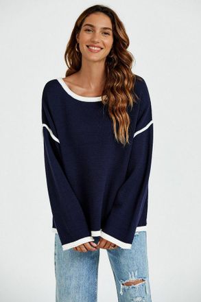 FS Collection Strickpullover Trendiges Oversize Pullovertop Pulloveroberteil - Damen Strick (Einheitsgr&ouml;&szlig;e: UK 8-16 / EU 36-44) Oversize-Passform, wei&szlig;e Kontrastabs