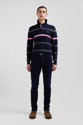Eden Park Pull Col Polo En Coton Bleu Marine Ray&eacute; Coupe Regular