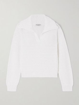 Brunello Cucinelli Pull Façon Polo En Coton Mélangé À Sequins - Blanc