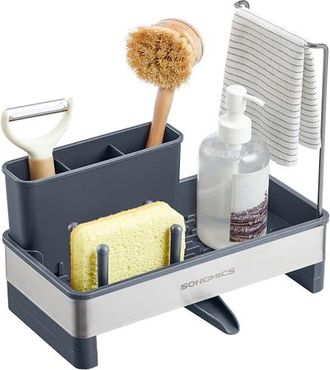 Songmics Organisateur &Eacute;vier de Cuisine, Porte-Accessoires pour &Eacute;vier avec Porte-&eacute;ponge, pour Brosses, Chiffons, Savon, en Acier Inoxydable, Bec Rotatif, Gris A