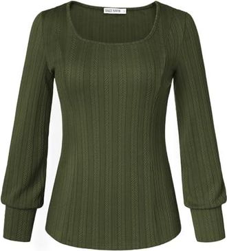 Grace Karin Pull en tricot décontracté léger pour femme, col en U, tunique à manches longues, Vert armée., S