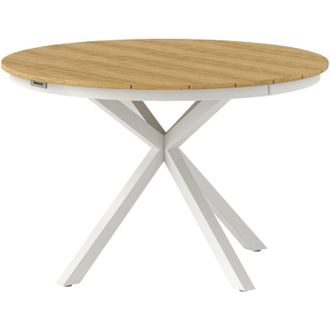 OUTSUNNY Table de jardin ronde 4 personnes dia. 118 cm pi&egrave;tement alu plateau lattes effet bois teck blanc