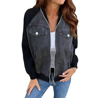 Generic Vestes en jean pour femmes Veste en jean zipp&eacute;e d&eacute;contract&eacute;e pour femmes Blouson bomber patchwork avec poches Tendance 2025 Noir et blanc Tr&egrave;s grande 