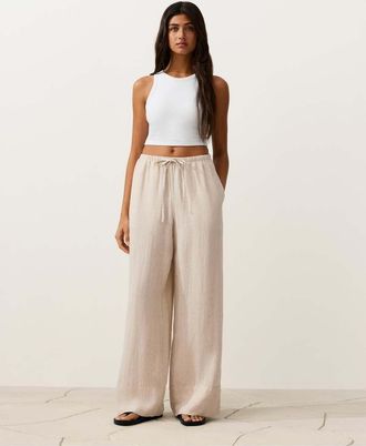 Oysho Pantalon droit 100 % lin &agrave; coutures apparentes - Sable chin&eacute;-Neutral