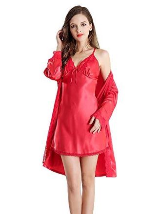 Minetom Femmes 2 Pièces Vêtements de Nuit Sexy Satin Robe de Chambre Kimono avec Ceinture Dentelle Lingerie Longue Peignoir Chemise de Nuit B Rouge FR 44