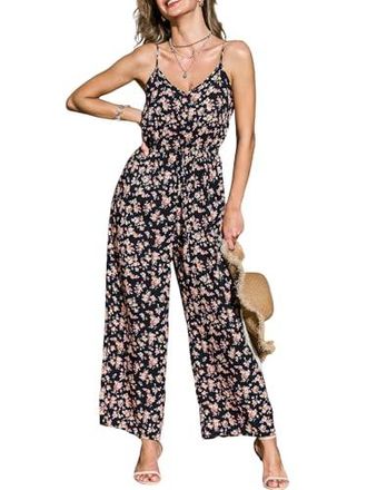 Cupshe Combinaison d&eacute;t&eacute; pour femme - Motif floral - Bretelles spaghetti - Sans manches - Jambes larges - Ceinture enveloppante - &Eacute;l&eacute;gante combinaison de lois