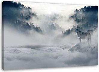 Feeby Wandbild - 1 Teilig - 70x100 cm, Leinwand Bild Leinwandbilder Bilder Wandbilder Kunstdruck, WALD, WÖLFE, NATUR, GRAU