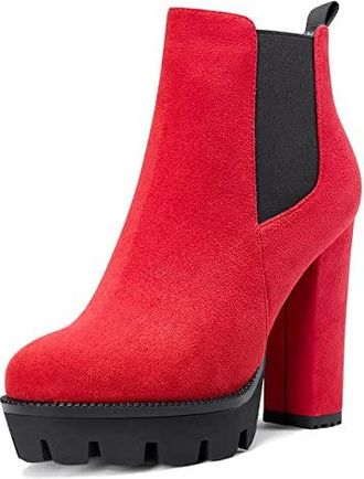 Castamere Femmes Haut High Talon Heel Bloc Chunky Plate-forme Rond Bout Bottines Slip-on Classique Bottes Rouge 39 EU