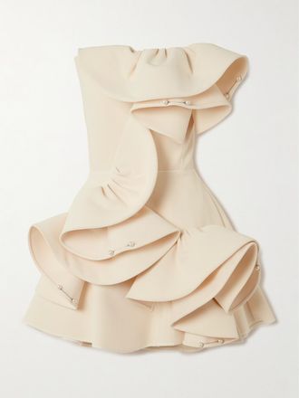 Maticevski Atone Tr&auml;gerloses Minikleid Aus Cr&ecirc;pe Mit Kunstperlen Und Volants - Creme