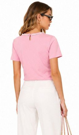 Moschino T-Shirt COUTURE Milano mit Faux Perlen Top Dekorativer Perlenbesatz am Rundhalsausschnitt