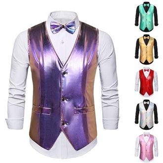 Generic Manteau &agrave; paillettes pour homme, sans manches, col en V profond, brillant, gilet confortable boutonn&eacute; sans manches, style classique et &eacute;l&eacute;gant, gilet 