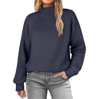 Generic Pull Femme Col Roulé Manches Longues, Haut en Maille Doudou Confortable, Coupe Large Décontracté Coloris Uni pour Hiver Automne(Navy,XX-Large)