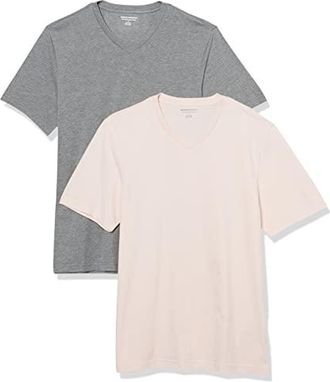 Amazon Essentials T-Shirts Col en v à Manches Courtes Homme, Lot de 2, Gris Chiné/Rose Pâle, XXL