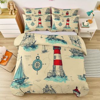 Generic Khaki Kinder Bettw&auml;sche 135 x 200 cm, Retro Maritim Leuchtturm Schiff Muster Bettw&auml;sche Atmungsaktiver Mikrofaser Bettbezug Mit Rei&szlig;verschluss F&uuml;r Kin