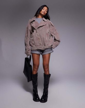 Liquor & Poker Blouson style motard zipp&eacute; en jean - Beige-Neutre