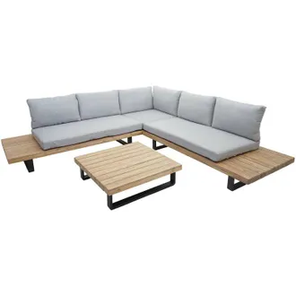 Hhg Garten-Garnitur HHG 641, Garnitur Sitzgruppe Lounge-Set, Spun Poly Akazie Holz mvg Alu hellbraun, Polster hellgrau