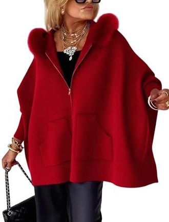 Generic Veste à capuche à manches chauve-souris et col en fausse fourrure pour femme - Veste à capuche avec poches et manches chauve-souris, Rouge, 3XL
