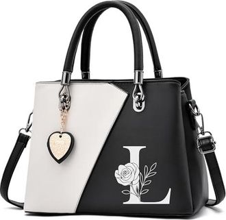 I Ihayner Sac &agrave; main en cuir pour femme avec poign&eacute;e sur le dessus et initiales personnalis&eacute;es, sac &agrave; bandouli&egrave;re de couleur contrast&eacute;e pour femme, Noir-L, M
