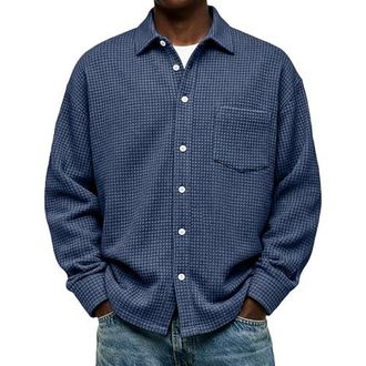 Generic Chemise gaufr&eacute;e pour homme et adulte, chemise boutonn&eacute;e &agrave; manches longues, couleur unie, chemise &agrave; revers vintage, d&eacute;contract&eacute;e et de travail avec poc