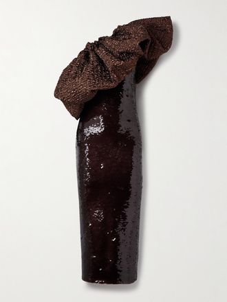 Dima Ayad Asymmetrisches Midikleid Aus Glänzendem Jersey Mit Besatz Aus Metallic-cloqué Mit Pailletten - Braun