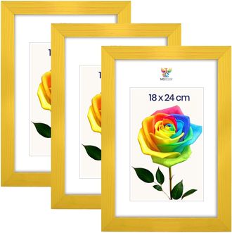 MG Design 3er Set Bilderrahmen 18 x 24 cm - Fotorahmen mit Gelb Echtholzrahmen und bruchsicherem Acrylglas, Hoch & Quer zum Aufh&auml;ngen, zum Aufstellen