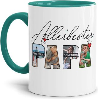 Tassendruck Fototasse mit Spruch - Allerbester Papa - zum Selbst gestalten mit Foto-Collage für 4 Fotos, Innen & Henkel Türkis, 300 ml