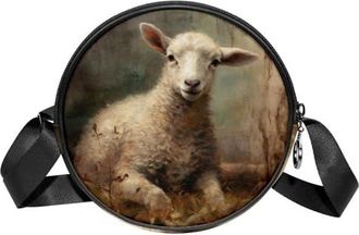 Generic Sac &agrave; bandouli&egrave;re rond pour femme, petit sac &agrave; bandouli&egrave;re vintage en forme de mouton avec fermeture &eacute;clair, bretelles r&eacute;glables, sac &agrave; main rond d&eacute;co