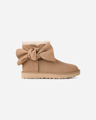 UGG Classic Mini Bow Boot f&uuml;r Damen in Beige, Gr&ouml;&szlig;e Wildleder