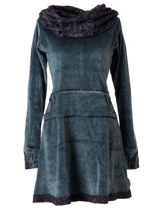 vishes Alternative Bekleidung - Samtkleid mit Kapuzenkragen grau-gr&uuml;n 46/48