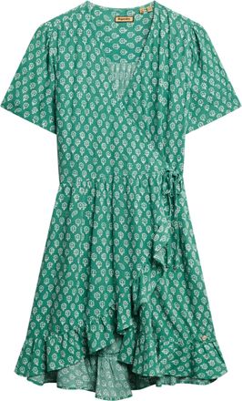 Superdry Damen Kurzärmeliges, bedrucktes Mini-Wickelkleid Blumen Blockprint Grün 42