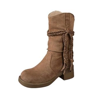 Generic Bottes mi-mollet pour femme &agrave; talon bas - &Eacute;l&eacute;gantes et d&eacute;contract&eacute;es - Talon &eacute;pais - Confortables - Larges sangles - &Agrave; enfiler - Pour la marche en ple