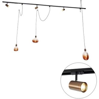 QAZQA 1-Phasen-Schienensystem mit 3 Strahlern und H&auml;ngelampen dunkelbronze - Cavalux Jeana