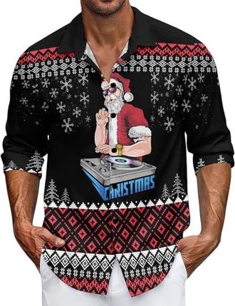 Generic Chemise de No&euml;l pour homme - F&ecirc;te de fin dann&eacute;e - Manches longues - Impression darbre de No&euml;l et neige - Chemise d&eacute;contract&eacute;e &agrave; manches longues avec c